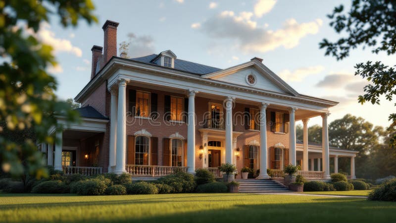 3D Rendered of Elegant Southern-style Mansion with Grand White Columns ...