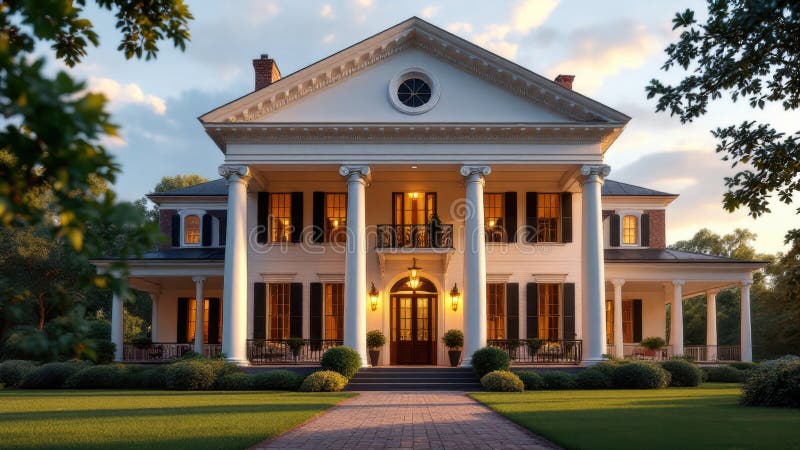 3D Rendered of Elegant Southern-style Mansion with Grand White Columns ...