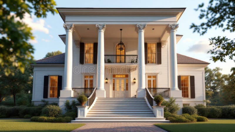3D Rendered of Elegant Southern-style Mansion with Grand White Columns ...