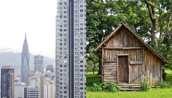 A Towering Skyscraper on One Side, a Small Wooden Hut on the Other ...