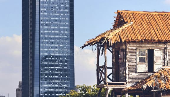A Towering Skyscraper on One Side, a Small Wooden Hut on the Other ...