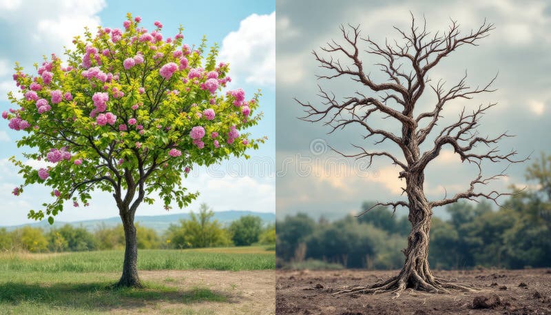 A Vibrant Blooming Tree on One Side, a Leafless Dead Tree on the Other ...