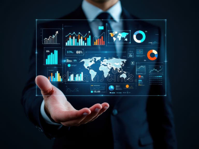 Businessman Presenting Futuristic Holographic Financial Graphs and ...