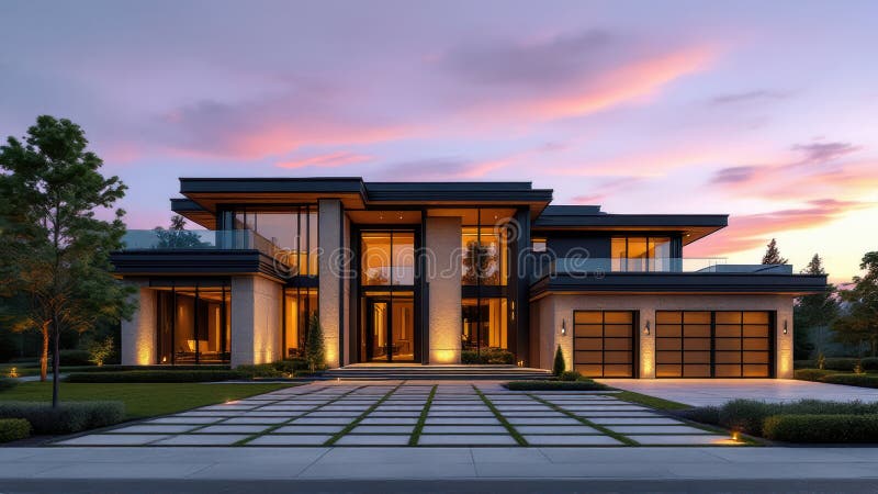 Luxury Modern Mansion with Elegant Exterior Lighting, Large Glass ...