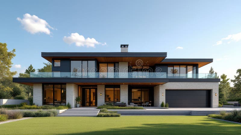 Luxury Modern Mansion with Elegant Exterior Lighting, Large Glass ...