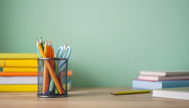 Books and Stationery Sit on a Wooden Desk Creating a Calming Study ...