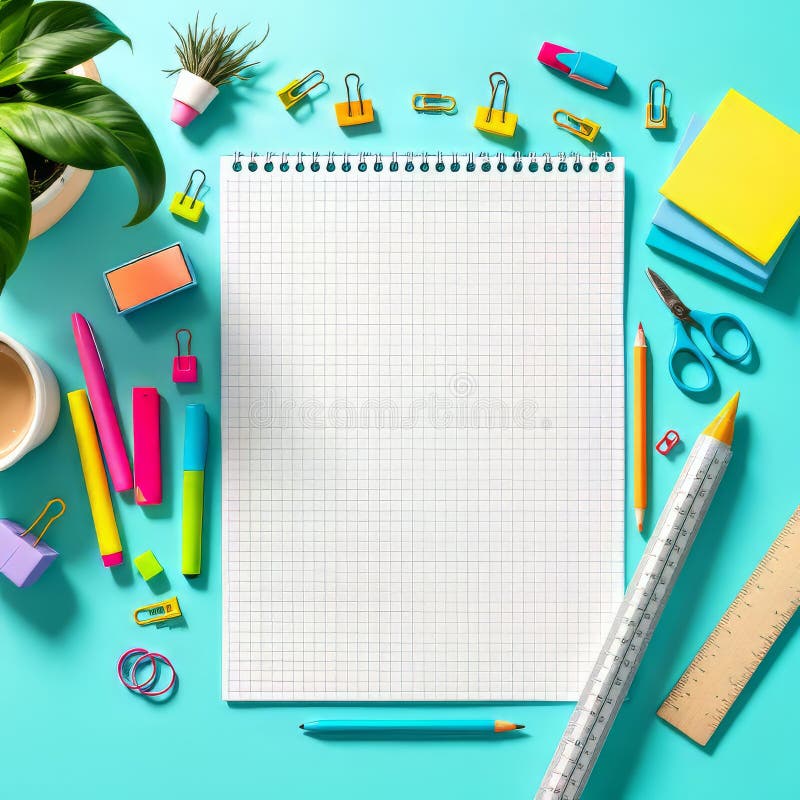 Brightly Colored Stationery Items Surround a Blank Grid Notebook on a ...