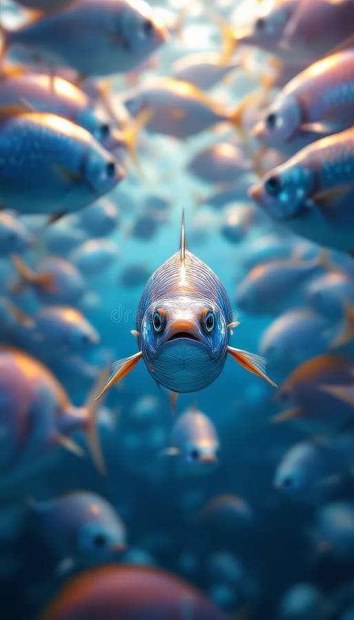 A Single Fish Stares Directly at the Camera while Surrounded by a Large ...