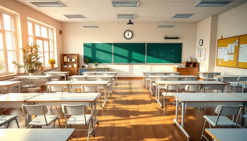Sunlight Streams into a Clean and Tidy Classroom with Empty Desks and a ...