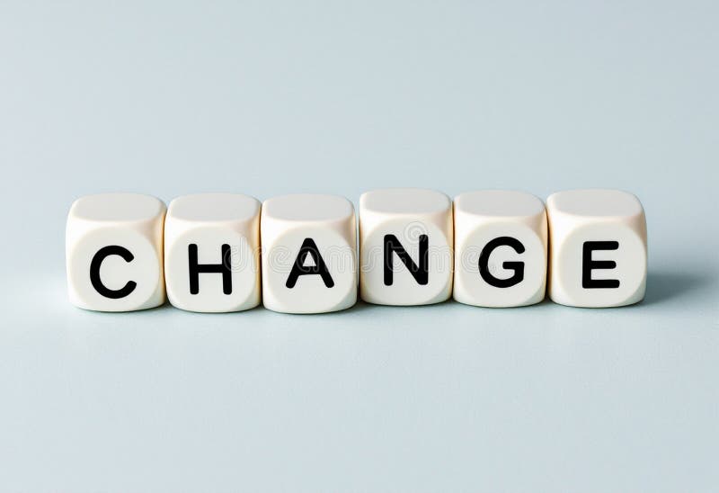 White Cubes Spelling the Word CHANGE on a Light Blue Background Stock ...