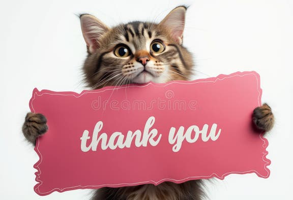 Fluffy Tabby Cat Holding Pink Sign that Says "thank You" in White ...