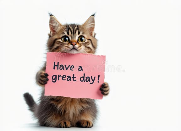 Fluffy Tabby Cat Gripping Pink Card in Its Paws. " Have a Great Day ...