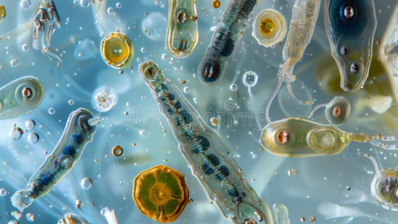 A Sample of Pond Water Under the Microscope Revealing a Diverse Array ...