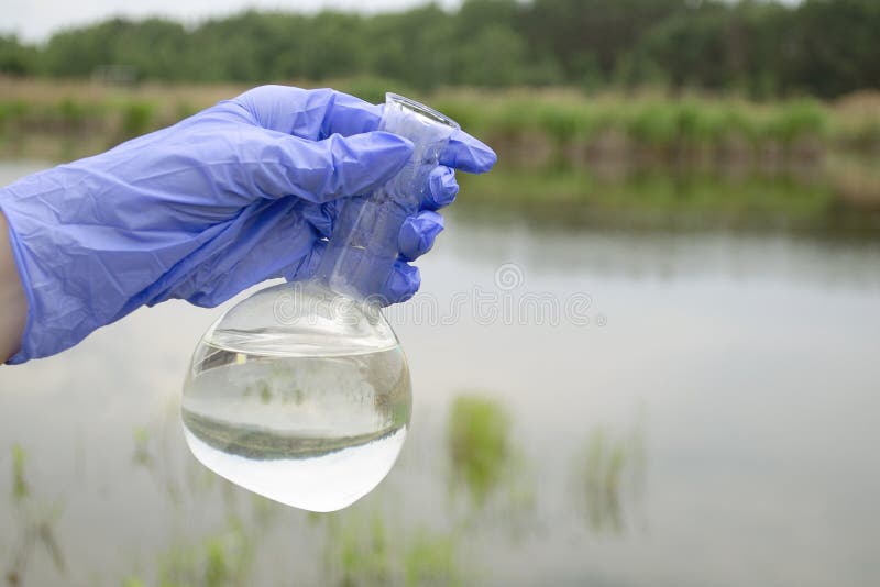 Sample of Water from a Lake, River. Water Sampling by a Laboratory ...