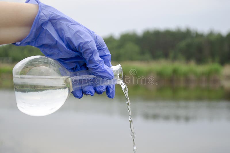 Sample of Water from a Lake, River. Water Sampling by a Laboratory ...
