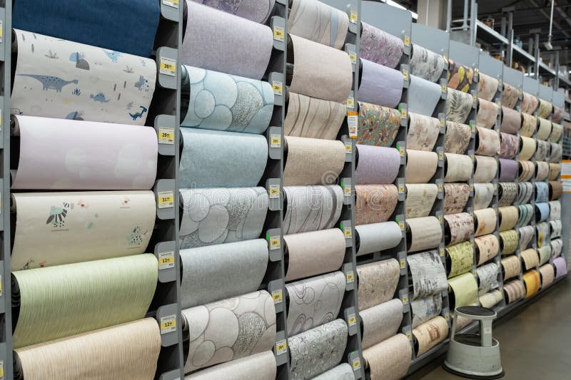 Samples of Different Wallpapers on Store Window Racks Stock Photo ...