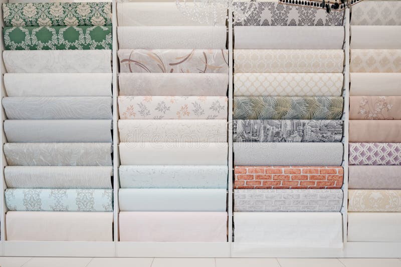 Samples of Different Wallpapers on Store Window Racks Stock Photo ...