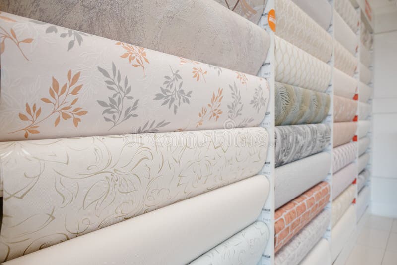 Samples of Different Wallpapers on Store Window Racks Stock Photo ...