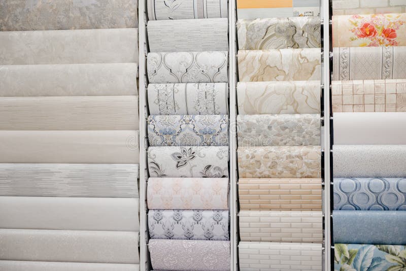 Samples of Different Wallpapers on Store Window Racks Stock Photo ...