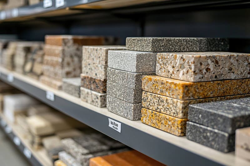 Samples of Marble Finishing Materials Lie on the Shelves of a Hardware ...