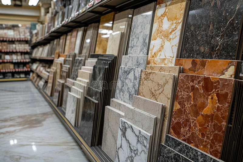 Samples of Marble and Porcelain Tiles in a Construction Store. Concept ...