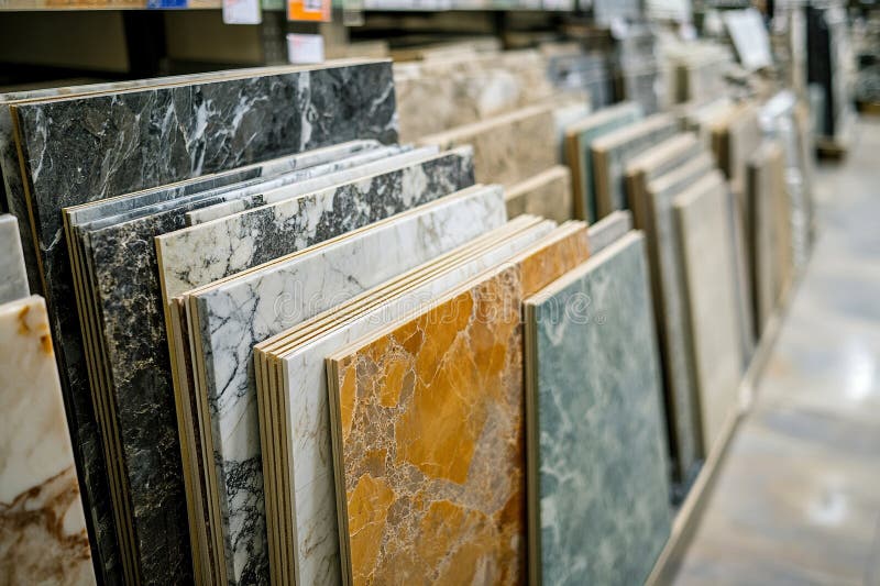Samples of Marble and Porcelain Tiles in a Construction Store. Concept ...