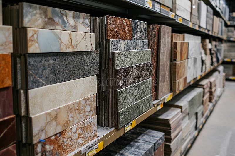 Samples of Marble and Porcelain Tiles in a Construction Store. Concept ...
