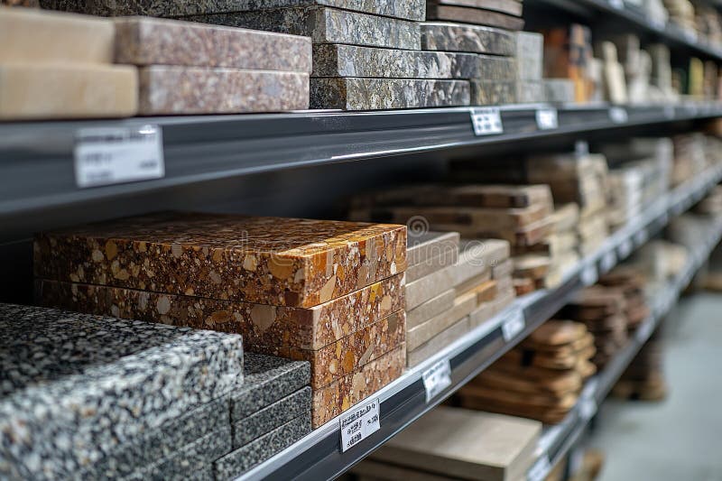 Samples of Marble Tiles Lie on the Shelves of a Store for Construction ...