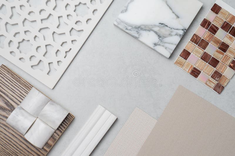 Samples of Material, Wood , on Concrete Table.Interior Design Se Stock ...