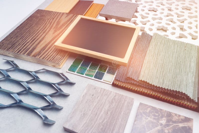 Samples of Material, Wood , on Concrete Table.Interior Design Se Stock ...