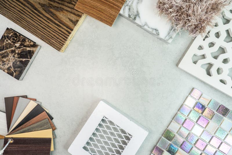 Samples of Material, Wood , on Concrete Table.Interior Design Select ...