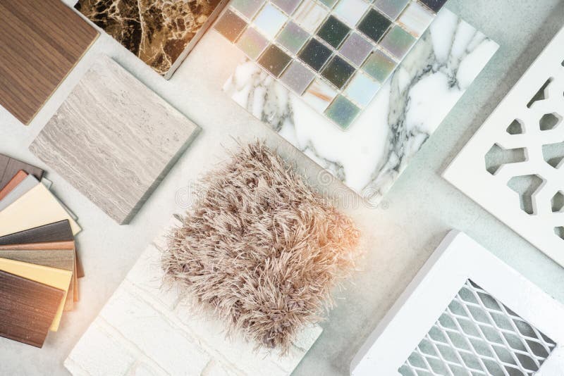 Samples of Material, Wood , on Concrete Table.Interior Design Se Stock ...