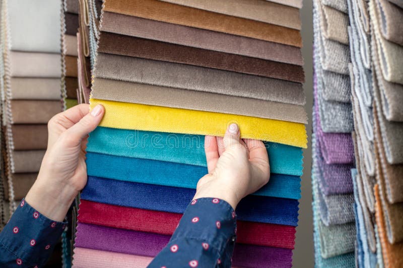 Samples Multicolored Fabrics Woman Chooses Fabric Sofa Catalog Textiles ...