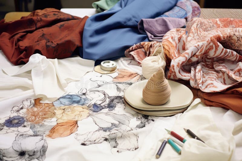 Samples of Textile Fabrics Next To Drawings of Clothes Stock Image ...