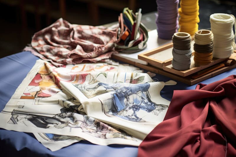 Samples of Textile Fabrics Next To Drawings of Clothes Stock Photo ...