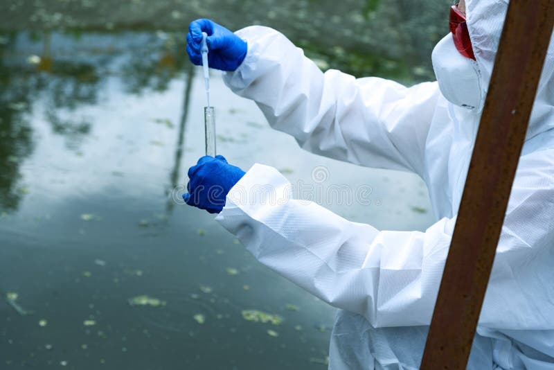 Sampling from Open Water. a Scientist or Biologist Takes a Water Sample ...