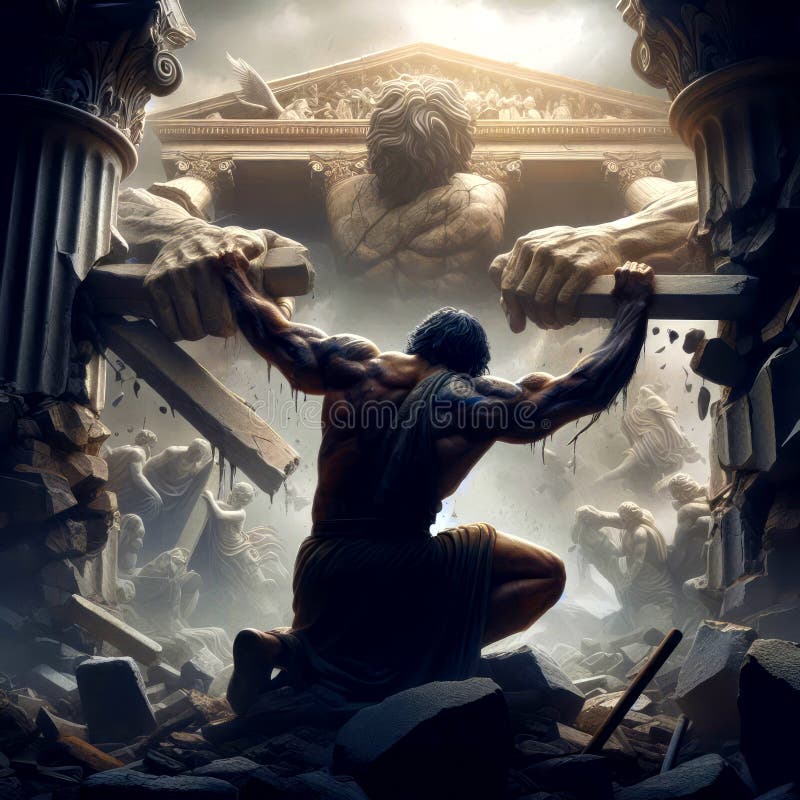 Samson Brings Down the Columns Stock Illustration - Illustration of ...