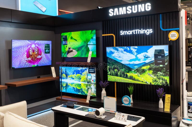 Samsung Logo and TVs Inside Electronics Store. Minsk, Belarus, 2023 ...