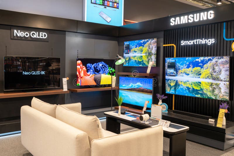 Samsung Logo and TVs Inside Electronics Store. Minsk, Belarus, 2023 ...