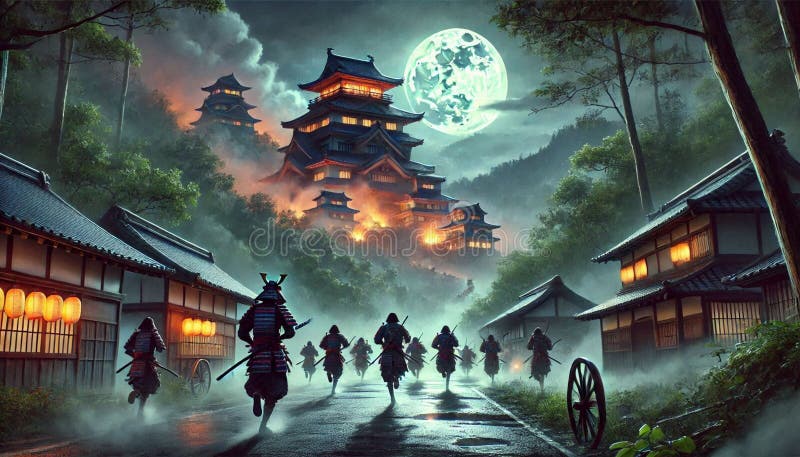 Samurai Ambushing Castle at Night Wallpaper Stock Illustration ...