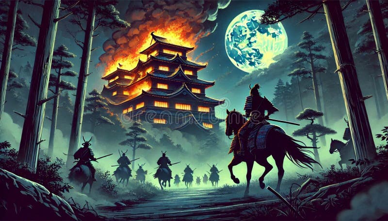 Samurai Ambushing Castle at Night Wallpaper Stock Illustration ...