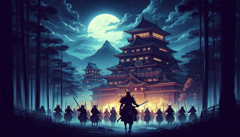 Samurai Ambushing Castle at Night Wallpaper Stock Illustration ...