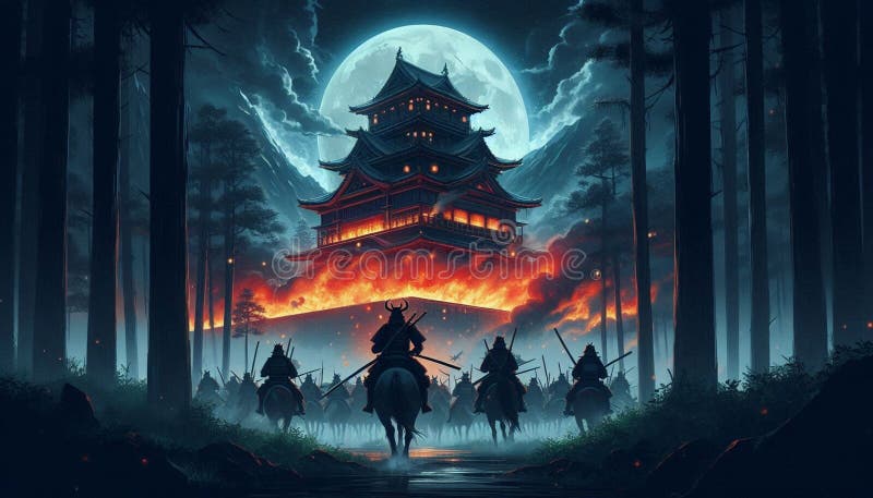 Samurai Ambushing Castle at Night Wallpaper Stock Illustration ...