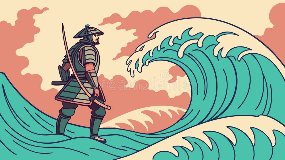 Samurai Amidst Crashing Waves with Distant Ships, Vector Design ...