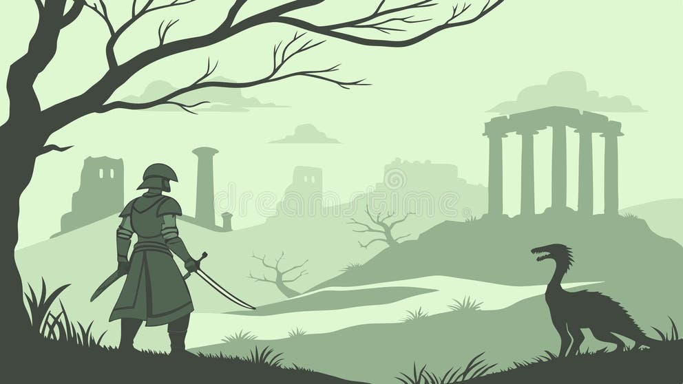 Samurai in Ancient Ruin Landscape with Ostrich, Vector Design ...