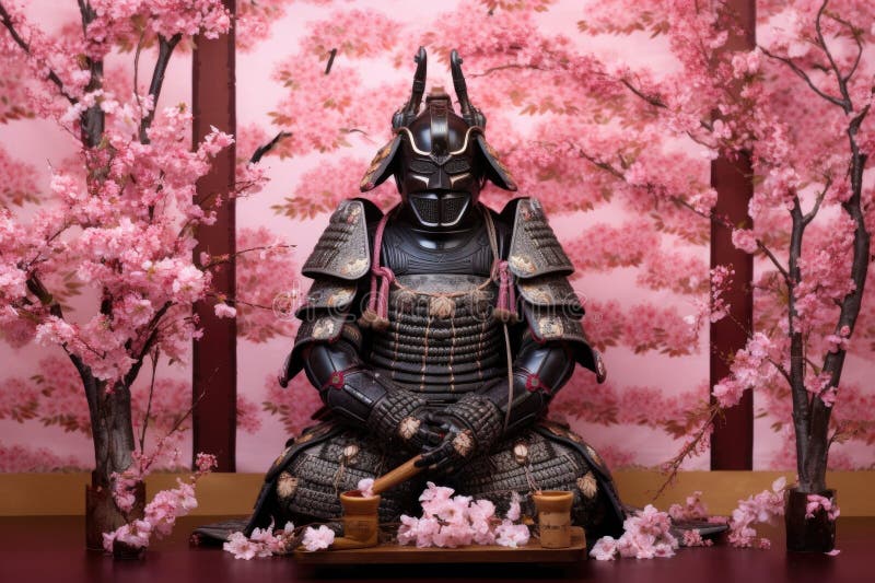Samurai Armor with Cherry Blossom Backdrop Stock Illustration ...
