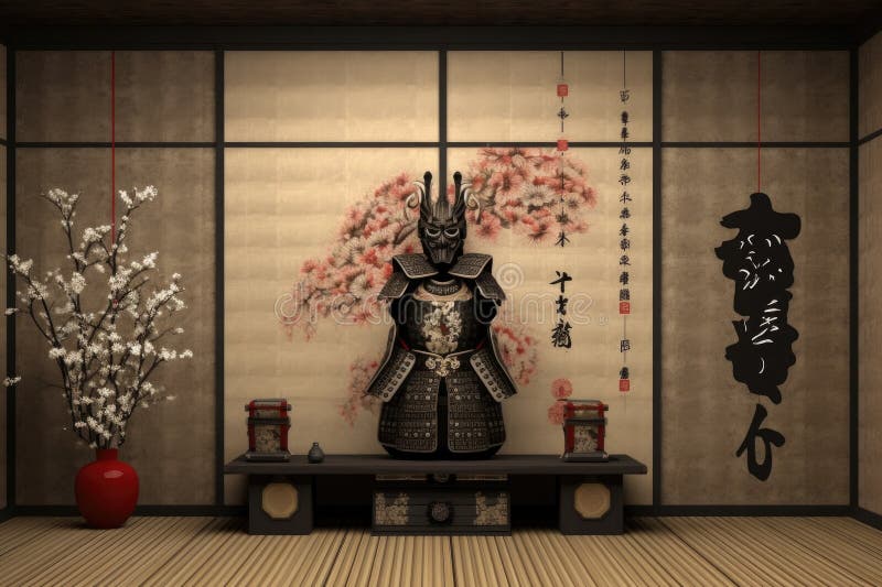 Samurai Armor with Japanese Calligraphy Backdrop Stock Illustration ...