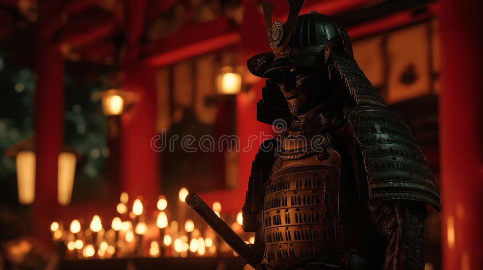 A Samurai in Armor Stands Guard in a Candlelit Temple, Evoking ...