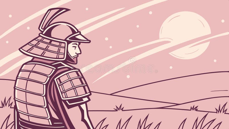 Samurai in Armor Under a Pink Moon, Epic Scene, Vector Design ...
