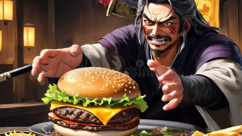 Samurai Attacks and Devours a Hamburger Stock Footage - Video of hunger ...
